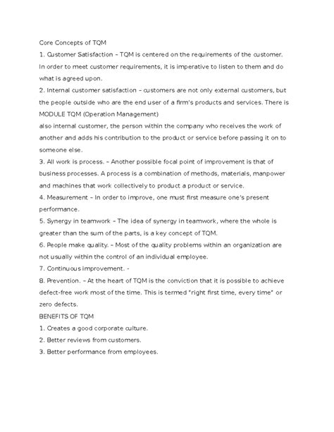 Core Concepts Of TQM Core Concepts Of TQM Customer Satisfaction TQM Is Centered On The Studocu
