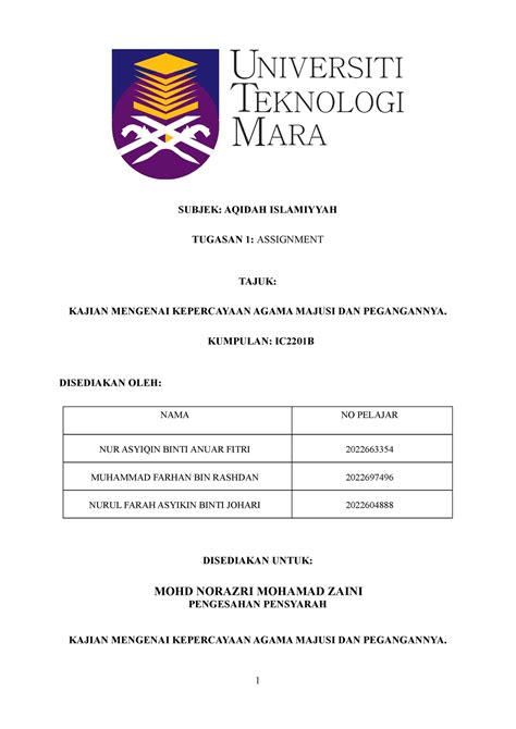 Assignment Agama Majusi SUBJEK AQIDAH ISLAMIYYAH TUGASAN 1 ASSIGNMENT TAJUK KAJIAN MENGENAI