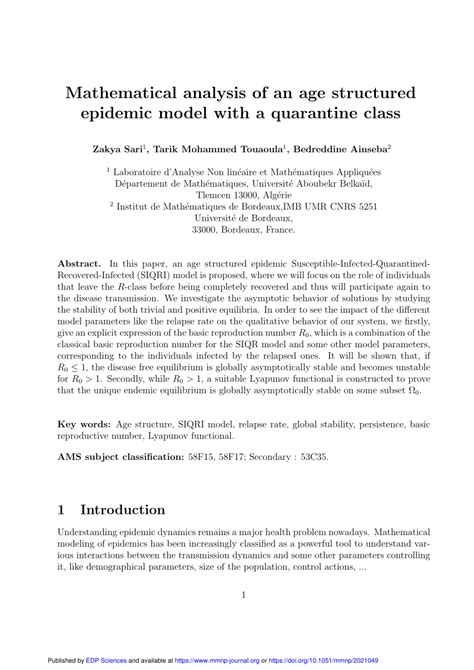 Pdf Mathematical Analysis Of An Age Structured Epidemic Model With A Quarantine Class