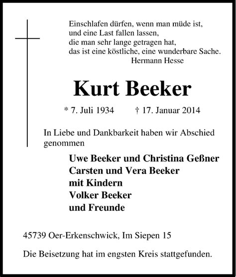 Traueranzeigen Von Kurt Beeker Trauer In Nrw De