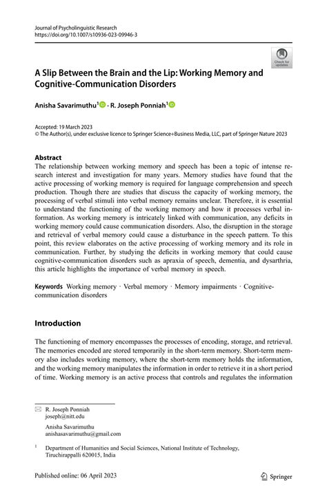 Pdf A Slip Between The Brain And The Lip Working Memory And