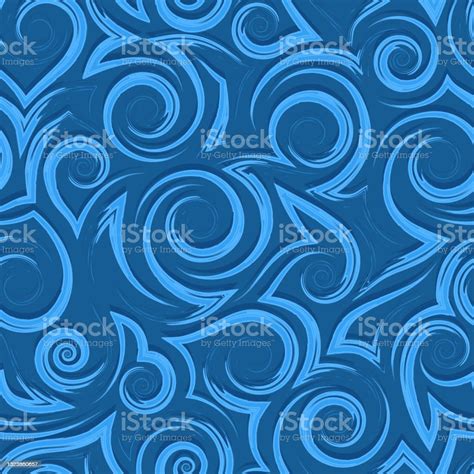 Vector Blue Geometric Seamless Pattern Of Flowing Spirals Curls And Cornersvector Nautical