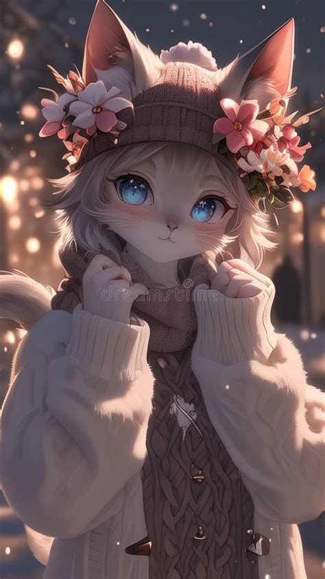 White Cat With Blue Eyes In Winter Attire And Floral Hat Stock