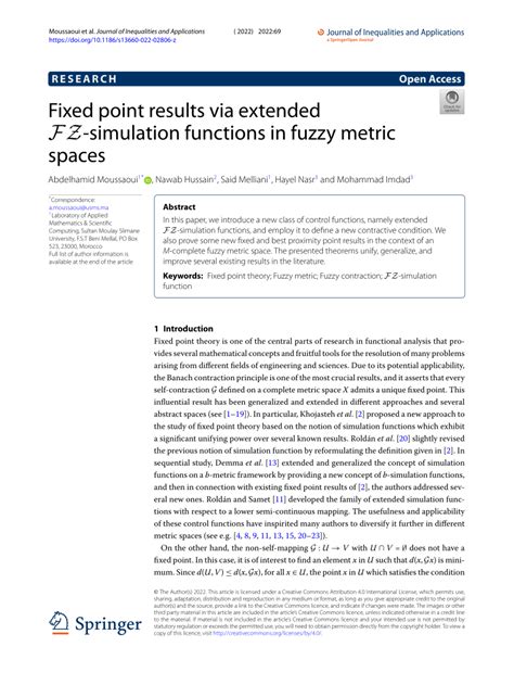 Pdf Fixed Point Results Via Extended Fz Simulation Functions In Fuzzy Metric Spaces