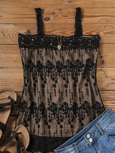 Plus Size Sexy Cami Top Women S Plus Floral Jacquard Contrast Lace Layered Cami Top