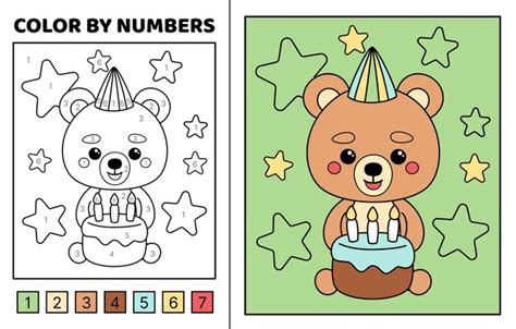 숫자에 따라 색 작은 과 불이 있는 생일 케이크 색칠 페이지 어린이용 게임 카와이 프리미엄 벡터