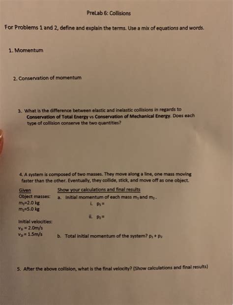 Solved PreLab Collisions For Problems And Define And Chegg Com