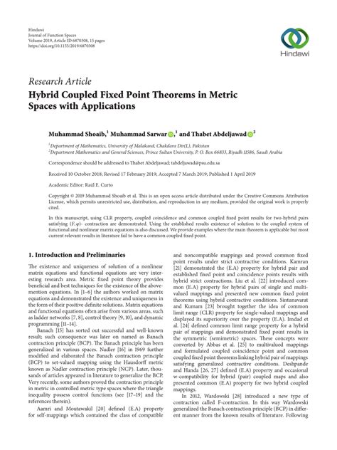 Pdf Hybrid Coupled Fixed Point Theorems In Metric Spaces With Applications