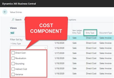 cost component value entries entry type in d365 bc nav