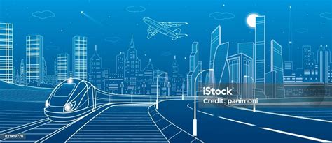 인프라 교통 파노라마입니다 기차 타고 타워와 고층 빌딩 도시 장면 배경 산업 건축에 현대 도시 화이트 라인 벡터 디자인 아트 청사진에 대한 스톡 벡터 아트 및 기타 이미지