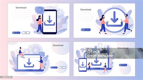 개념을 다운로드합니다 설치 기호 스마트 폰 노트북에서 데이터 파일을 다운로드하는 작은 사람들 로드 기호 방문 페이지 템플릿 Ui