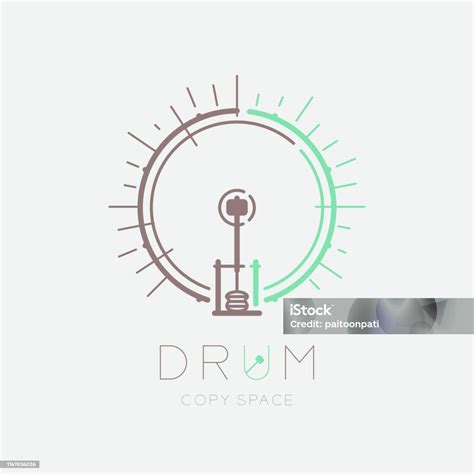 베이스 드럼 라인 스태프 서클 모양 로고 아이콘 윤곽 선 으로 페달 드럼 텍스트와 복사 공간으로 회색 배경에 격리 된 대시 라인 디자인 일러스트 음악에 대한 스톡 벡터 아트