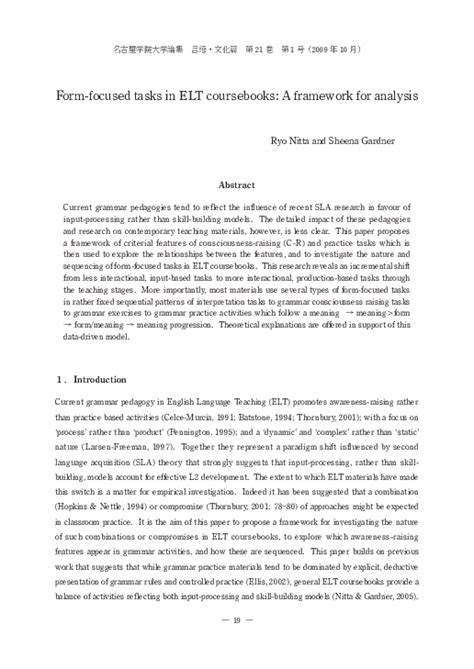 Pdf Form Focused Tasks In Elt Coursebooks A Framework For Analysis
