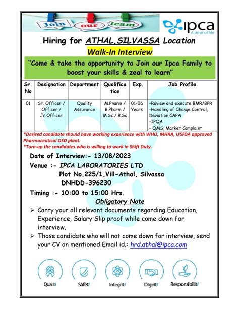 Ipca Laboratories Limited Silvassa Walk In Interview