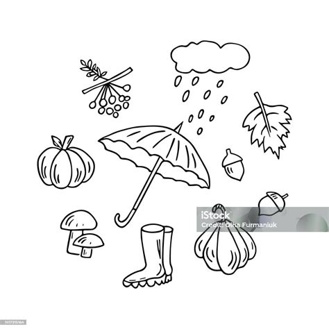 낙서 가을 세트 손으로 그린 우산 비 고무 부츠 버섯 과일 및 잎 스케치 자유형 미니멀 한 디자인 어린이 그림 고무장화에 대한 스톡 벡터 아트 및 기타 이미지 Istock