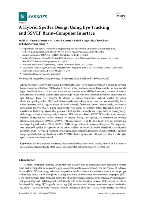 PDF A Hybrid Speller Design Using Eye Tracking And SSVEP BrainComputer Interface
