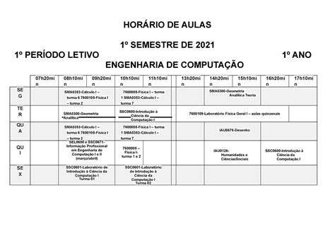 Horario Semanal Aaaa Ss Baseado Em Horario HorÁrio De Aulas 1º