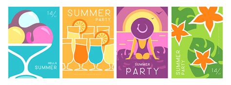 여름 속성을 가진 화려한 여름 포스터 세트입니다 칵테일 실루엣 데킬라 일출 아이스크림 열대 잎 해변의 소녀 벡터 일러스트 레이 션 여름에 대한 스톡 벡터 아트 및 기타