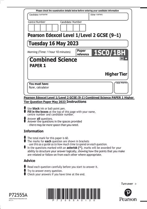 Pearson Edexcel Level Level GCSE Combined Science PAPER Higher Tier Question Paper