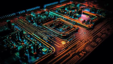Modern Computer Chip Glows With Electricity On Dark Circuit Board