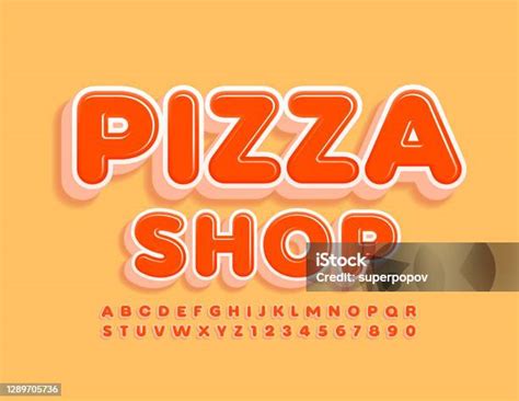 벡터 맛있는 로고 피자 가게 오렌지 알파벳 문자 및 숫자 세트 알파벳에 대한 스톡 벡터 아트 및 기타 이미지 알파벳
