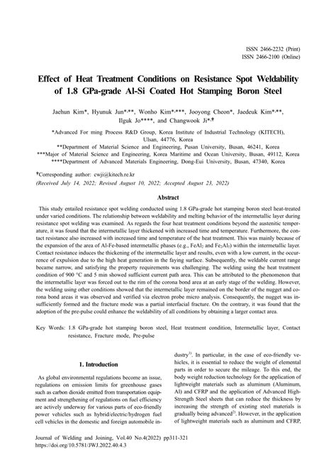 Pdf Effect Of Heat Treatment Conditions On Resistance Spot Weldability Of 18 Gpa Grade Al Si