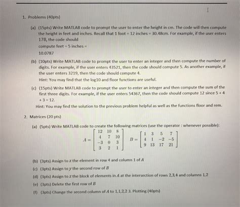 Solved 1 Problems 40pts A 15pts Write MATLAB Code To Chegg Com