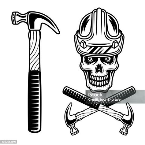 하드 햇과 발톱 망치 세트벡터 오브젝트 또는 흰색 배경에 고립 된 빈티지 흑백 스타일의 디자인 요소의 작업자의 두개골 가사 집안일에 대한 스톡 벡터 아트 및 기타 이미지