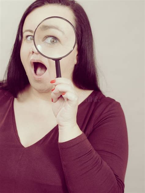 Adult Woman With Magnifying Glss Stock Image Image Of Shocked Glss