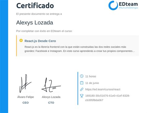 Certificado De Alexys Lozada Del Curso Reactjs Desde Cero 2019 Edteam