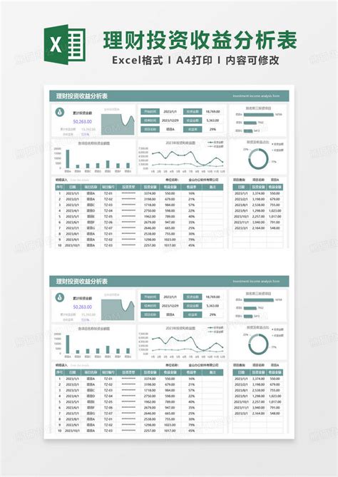 蓝绿色简约理财投资收益分析表excel模板下载 熊猫办公