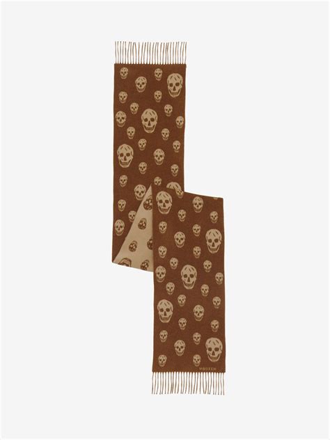 Mens Double Face Skull Scarf In Brown Alexander Mcqueen Us