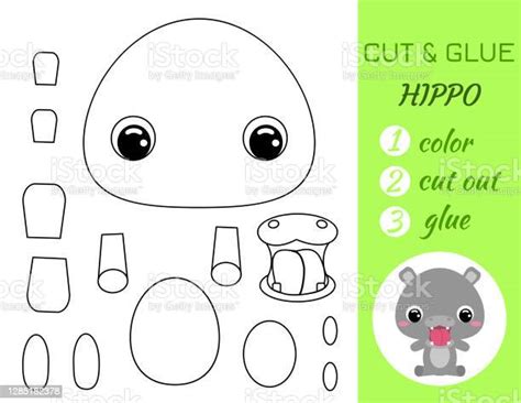 간단한 교육 게임 착색 페이지 컷과 접착제 앉아 아기 하마 아이들을위한 유치원 어린이를위한 교육 종이 게임 종이에 색상 절단 부품 및 접착제 벡터 스톡 일러스트레이션입니다