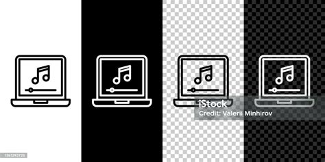 흑백 배경에서 격리된 화면 아이콘에 음악 노트 기호가 있는 라인 랩톱을 설정합니다 벡터 개념에 대한 스톡 벡터 아트 및 기타 이미지 개념 검은색 노트 Istock