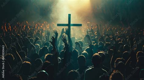 Large Crowd Of People Praying To God And Jesus In Front Of The Cross