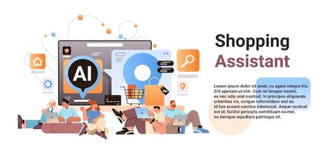 Ai 쇼핑 도우미 도우미 봇 전자 상거래 온라인 쇼핑 개념 가로 복사 공간 벡터 일러스트와 함께 컴퓨터 앱에서 물건을 사는