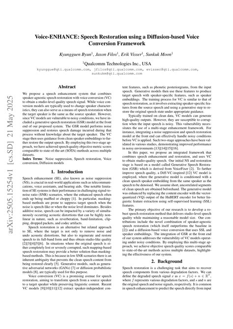 Pdf Voice Enhance Speech Restoration Using A Diffusion Based Voice