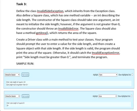 Solved Task Define The Class InvalidSideException Which Chegg