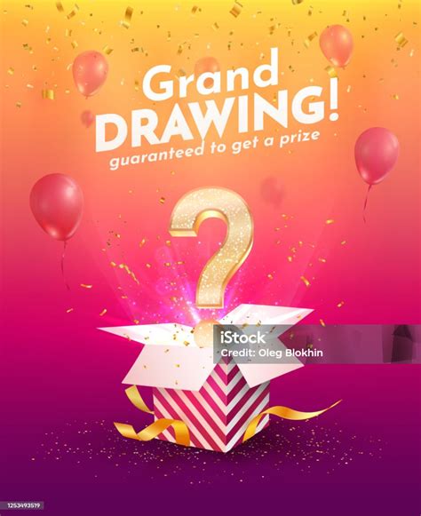 우승 선물 복권 벡터 일러스트 그랜드 드로잉 황금 물음표와 색종이 폭발이 밝은 텍스처 박스를 열고 밝은 배경을 세워줍니다 래플에