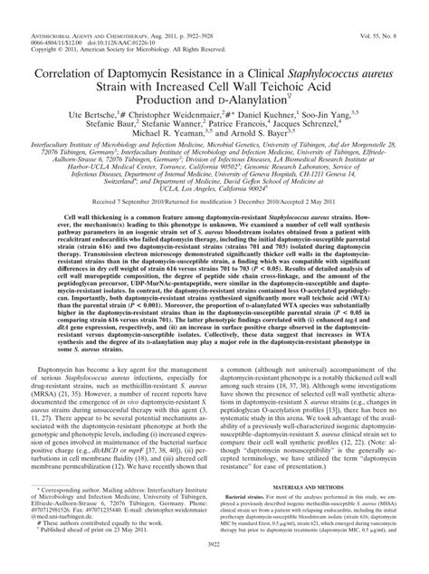 Pdf Correlation Of Daptomycin Resistance In A Clinical Staphylococcus