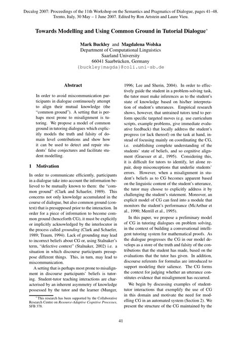 Pdf Towards Modelling And Using Common Ground In Tutorial Dialogue