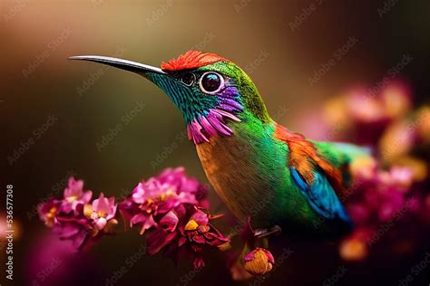 Exotic Colibri Hummingbird On A Flower Tropic Garden With Beautiful