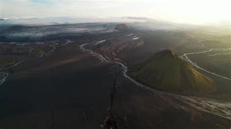 Aerial View Of Maelifell Volcano And Icelandic Landscape At Sunset