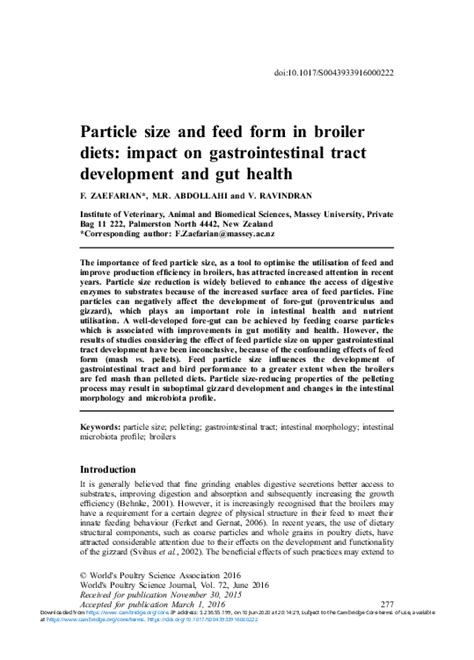 Pdf Particle Size And Feed Form In Broiler Diets Impact On Gastrointestinal Tract Development