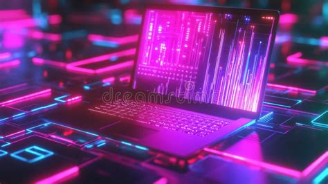Vibrant Laptop On Glowing Digital Floor Showcasing Data Visualization At Night Generative Ai