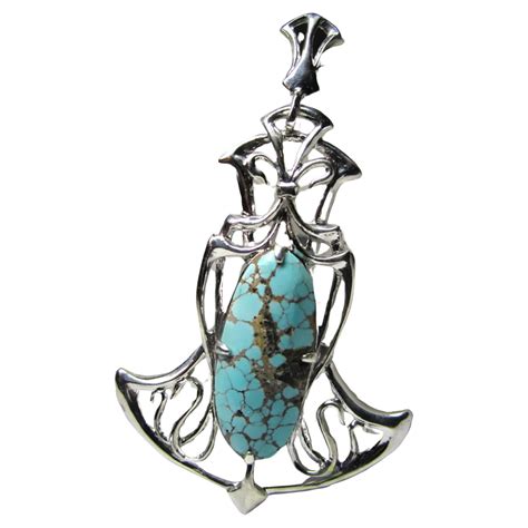 Turquoise Silver Pendant Art Nouveau Style Cabochon Cyan Blue Wife T