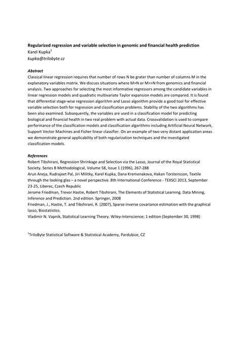 Pdf Regularized Regression And Variable Selection In Genomic And Financial Health Prediction