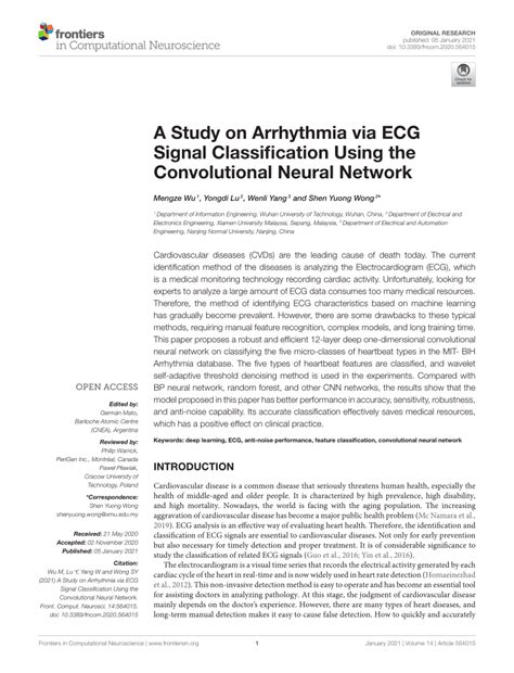 PDF A Study On Arrhythmia Via ECG Signal Classification Using The Convolutional Neural Network