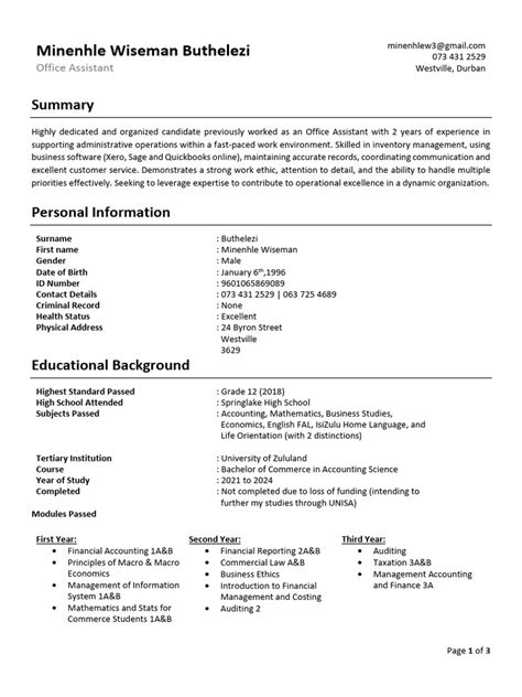 Office Assistant Cv 2025 Pdf Accounting Computing