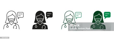 말풍선 상담 개념으로 가면을 쓴 의사 여자 헬스케어 채팅 라인과 실루엣 아이콘 세트 메딕 심볼 컬렉션 의사 토크 픽토그램 격리된 벡터 그림 Brand Name Online